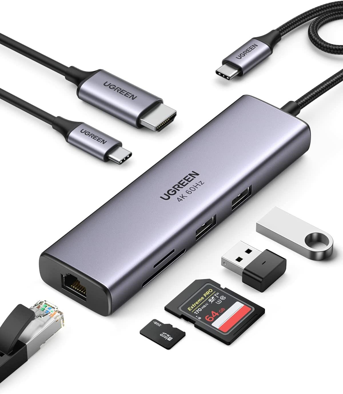 Адаптер Ugreen CM512 USB-C to to HDMI/2xUSB 3.0/USB-C PD/LAN/SD, Grey [60515]