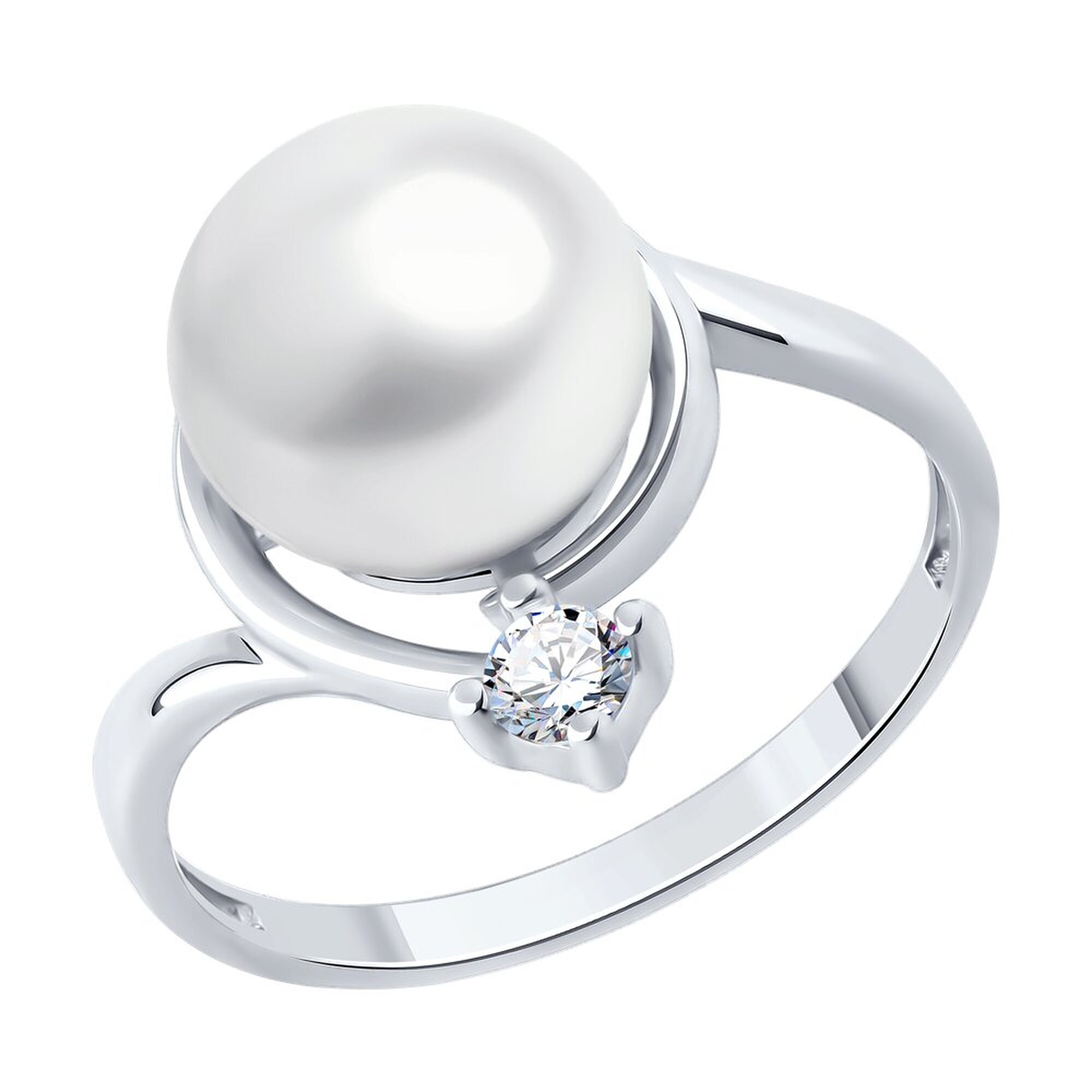 Кольцо, серебро, 925 проба, родирование, жемчуг, фианит