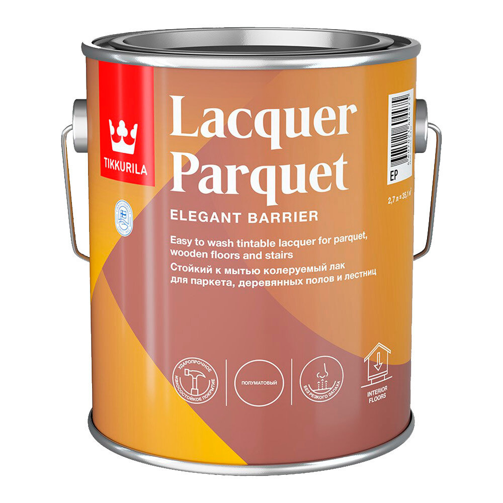 Лак алкидно-уретановый паркетный Tikkurila/Tikkivala Lacquer Parquet полуматовый бесцветный 2,7 л