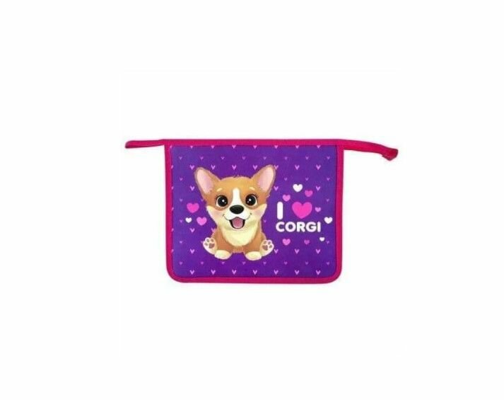 Папка для тетрадей "Корги", A5, на молнии, пластик/текстиль, темно-розовая