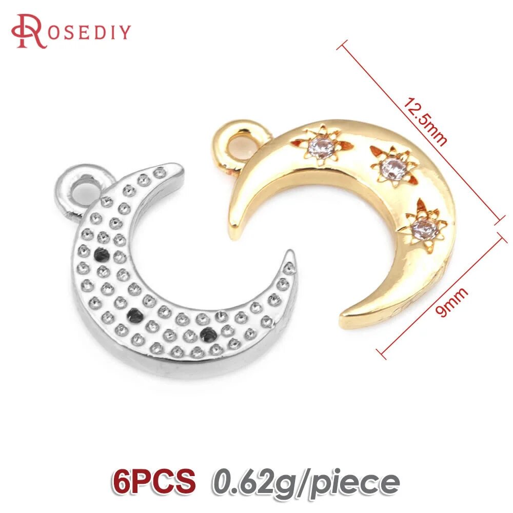 Подвески Rosediy месяц цирконий, 12.5x9мм, 6шт