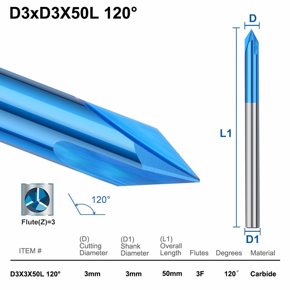 Фреза XCAN фасочная трехзаходная по металлу, 3х3х50 мм, 120 градусов, вольфрамовый сплав с нано-синим покрытием
