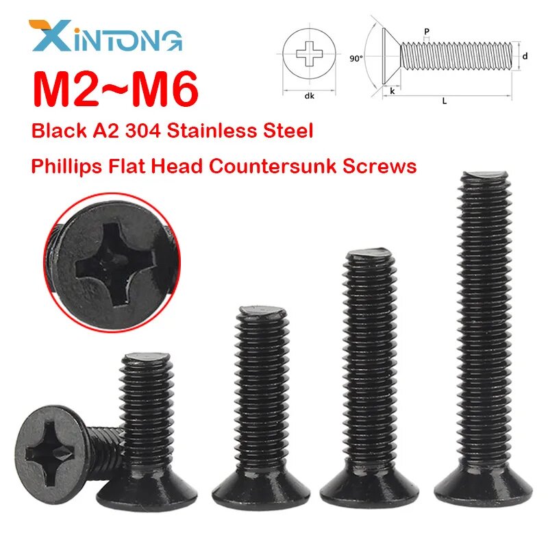 Черные винты M2-M6 с потайной головкой из нержавеющей стали 304 M2.5-50PCS, 6mm