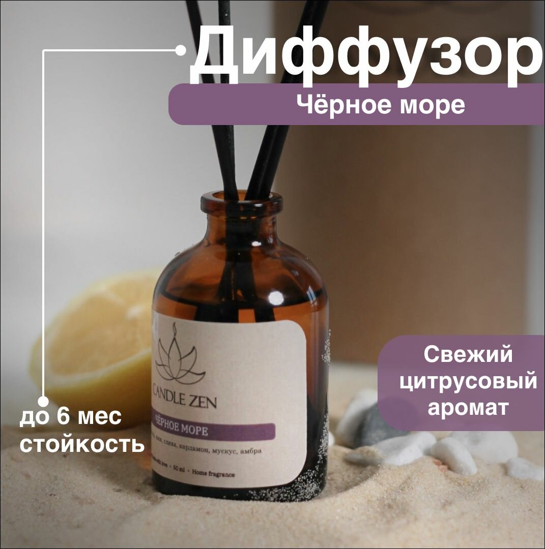 Ароматический диффузор, 50 мл, Чёрное море, свежий фруктовый аромат, черные фибровые палочки 5 шт, Candle Zen