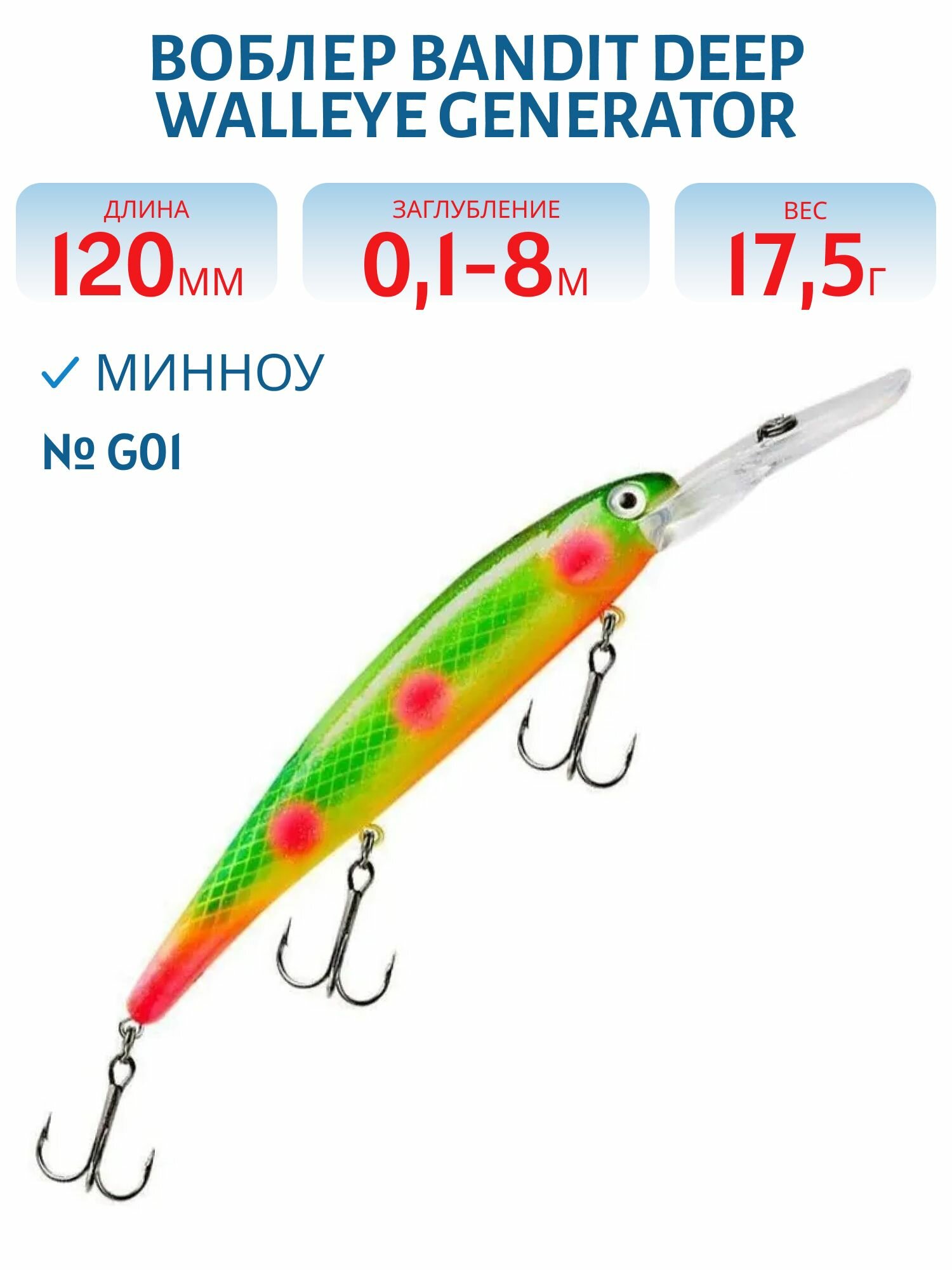Воблер BANDIT DEEP WALLEYE GENERATOR, 120 мм, 17,5 гр, цвет G01