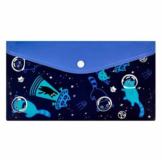 Папка-конверт Феникс на кнопке, 260х140 мм, "Коты в космосе" пластик, 180 мкм (59374)