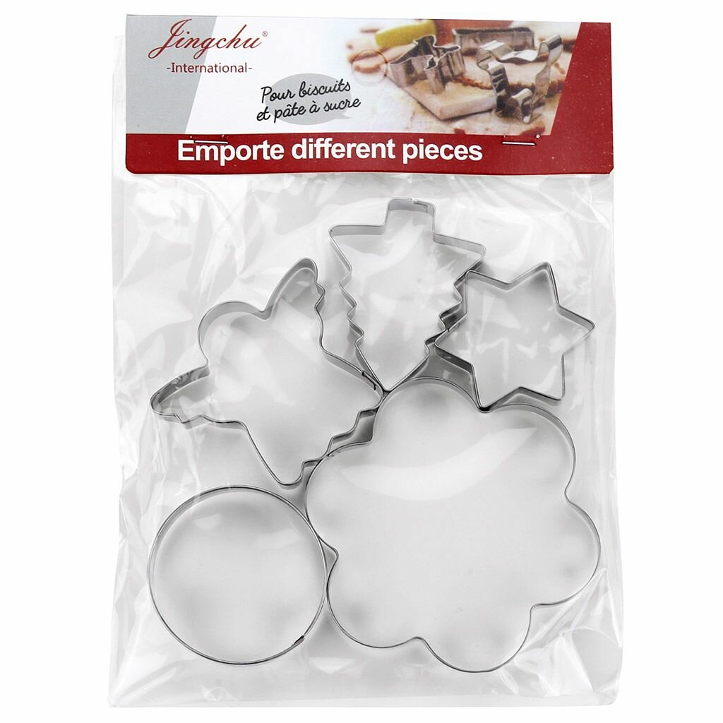 Форма для печенья КНР из нержавеющей стали, набор 5 штук: цветок, круг, звезда, ангел, елка