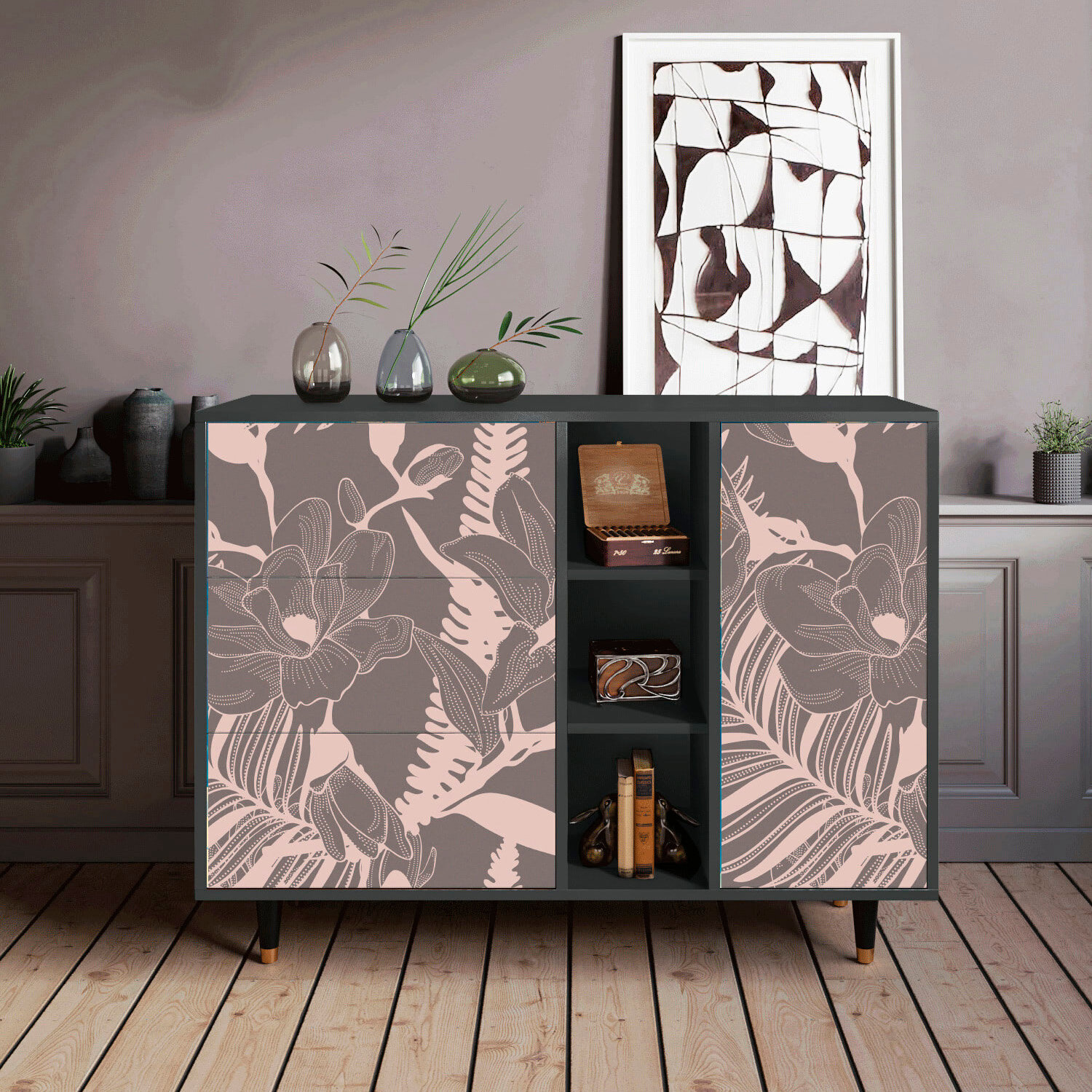Комод - STORYZ - BS2 Issabelline Flower, Разер - 125 x 97 x 48 см , Цвет корпуса - Антрацит