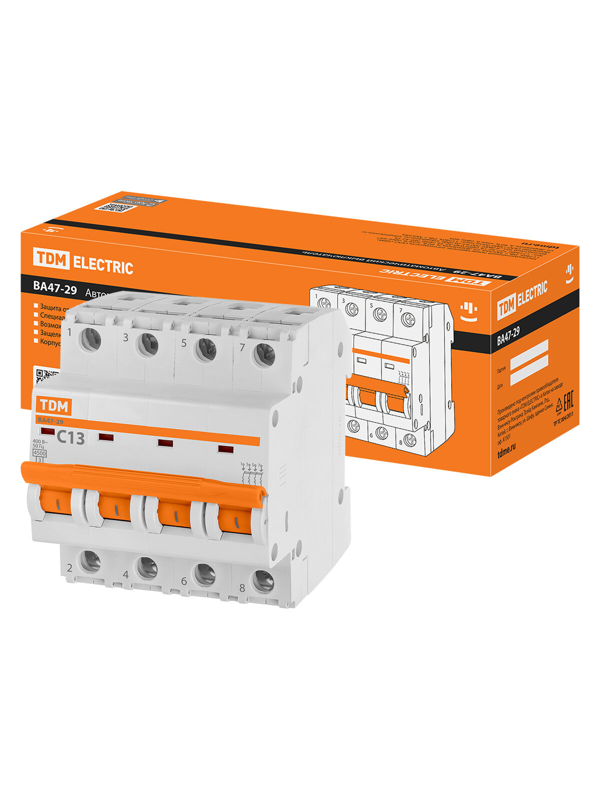 Автоматический выключатель ВА47-29 4Р 13А 4,5 кА тип С TDM Electric