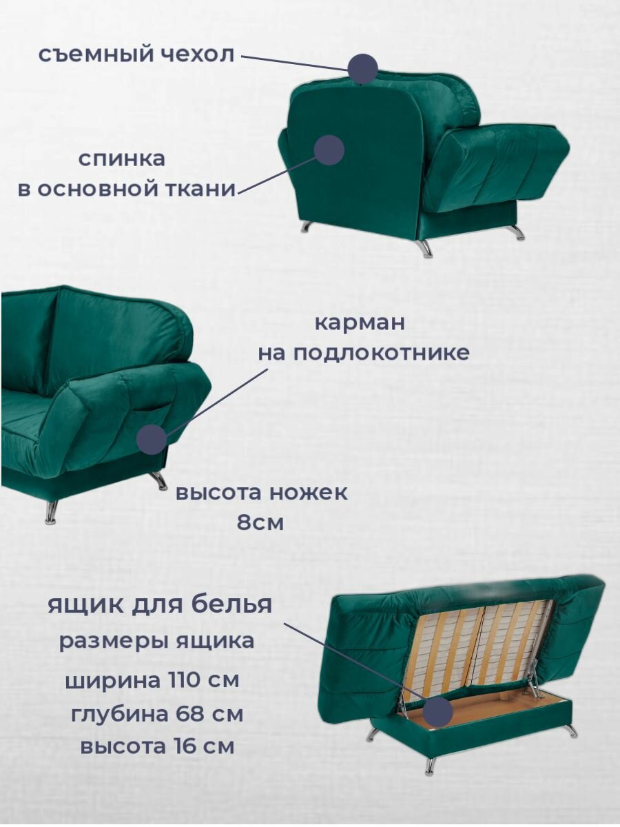 Диван Оливия, механизм клик кляк, раскладной, 80х85х90 см, зеленый велюр, спальное место 80х200 — фото 1