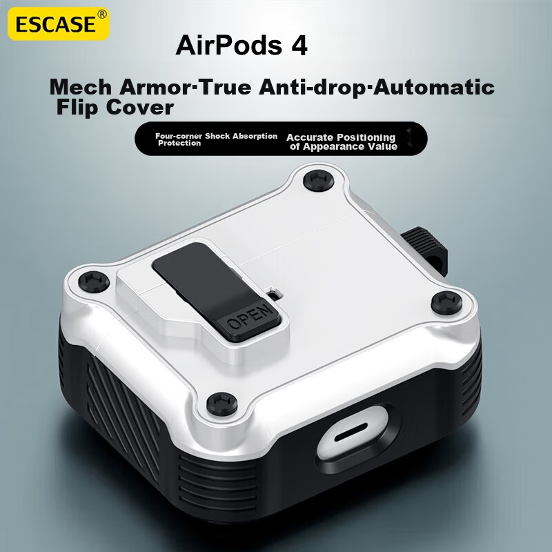 ESCASE AirPods 4 Protective Case, Apple Fourth-Generation Earphone Cover, Shockproof Armor, Magnetic Protective Shell, Anti-Loss Detachable Smart Pop-Up Case, White