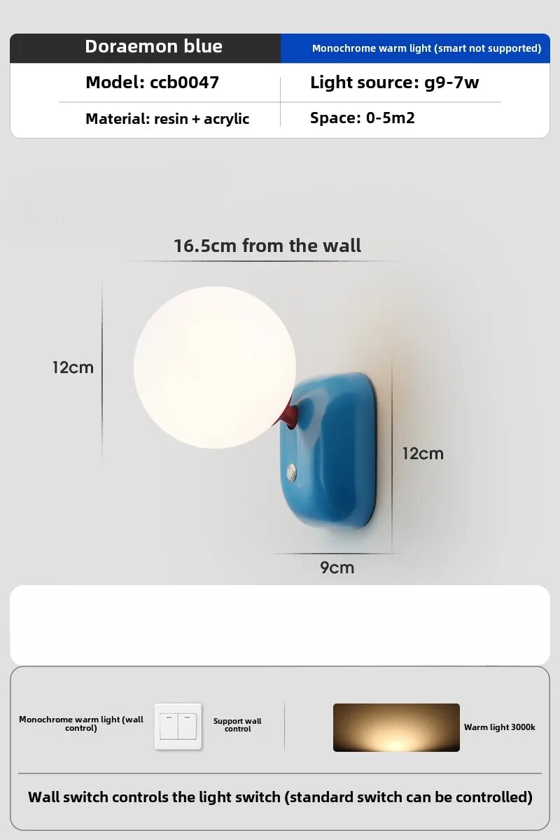 Настенный светильник с рисунком кремового розового цвета для детской комнаты, макароны, спальни, прикроватные милые бра, светильники для гостиной, коридора, прохода, кнопочный переключатель G9, Тёплый белый (2700-3500 K), Синий