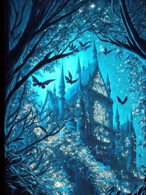 Алмазная мозаика на подрамнике "Замок Луны" круглые бриллианты 40х50см