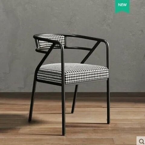 Стул из кованого железа, обеденный стул, кофейный стул, решетчатая подушка, черно-белый，1 шт
