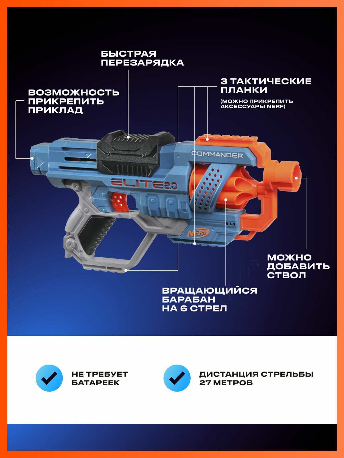 Бластер Nerf Elite 2.0 Commander RD-6 E9485. Нерф Элит Коммандер — фото 1
