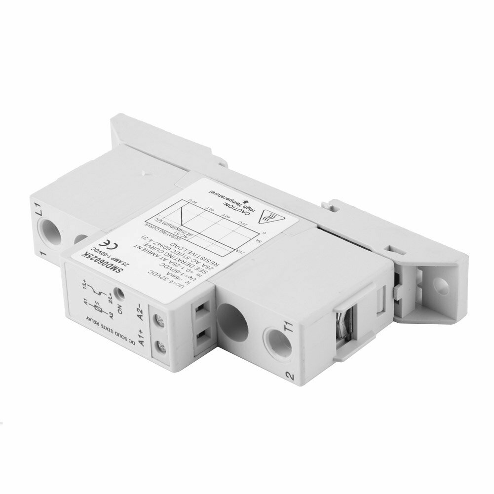 Модуль и плата реле без контактов DIN Rail однотофазное DC Control DC DSMD100015S, модель SMD06025K, выходное напряжение 1-60VDC, выходной ток 25A, управляющее напряжение 4.5-32VDC, ток управления 10ma@24vdc, температура эксплуатации -20 до 60℃, вес 89