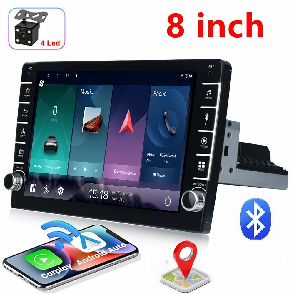 Магнитола для Автомагнито 1 DIN Android Auto Carplay 8-дюймовое головное устройство Android FM RDS WIFI