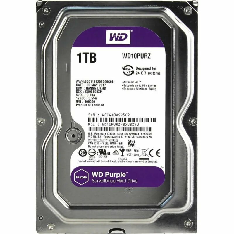 Жесткий диск WD Original Purple SATA-III 1Tb Video (WD10PURZ), 1571302