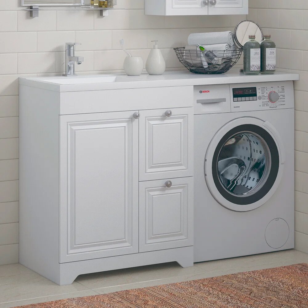 Тумба с раковиной Corozo Леон под стиральную машину, напольная, 129, 8 см, белая, матовая, из МДФ, с ящиками, с дверками, раковина для ванной из искусственного мрамора, прямоугольная