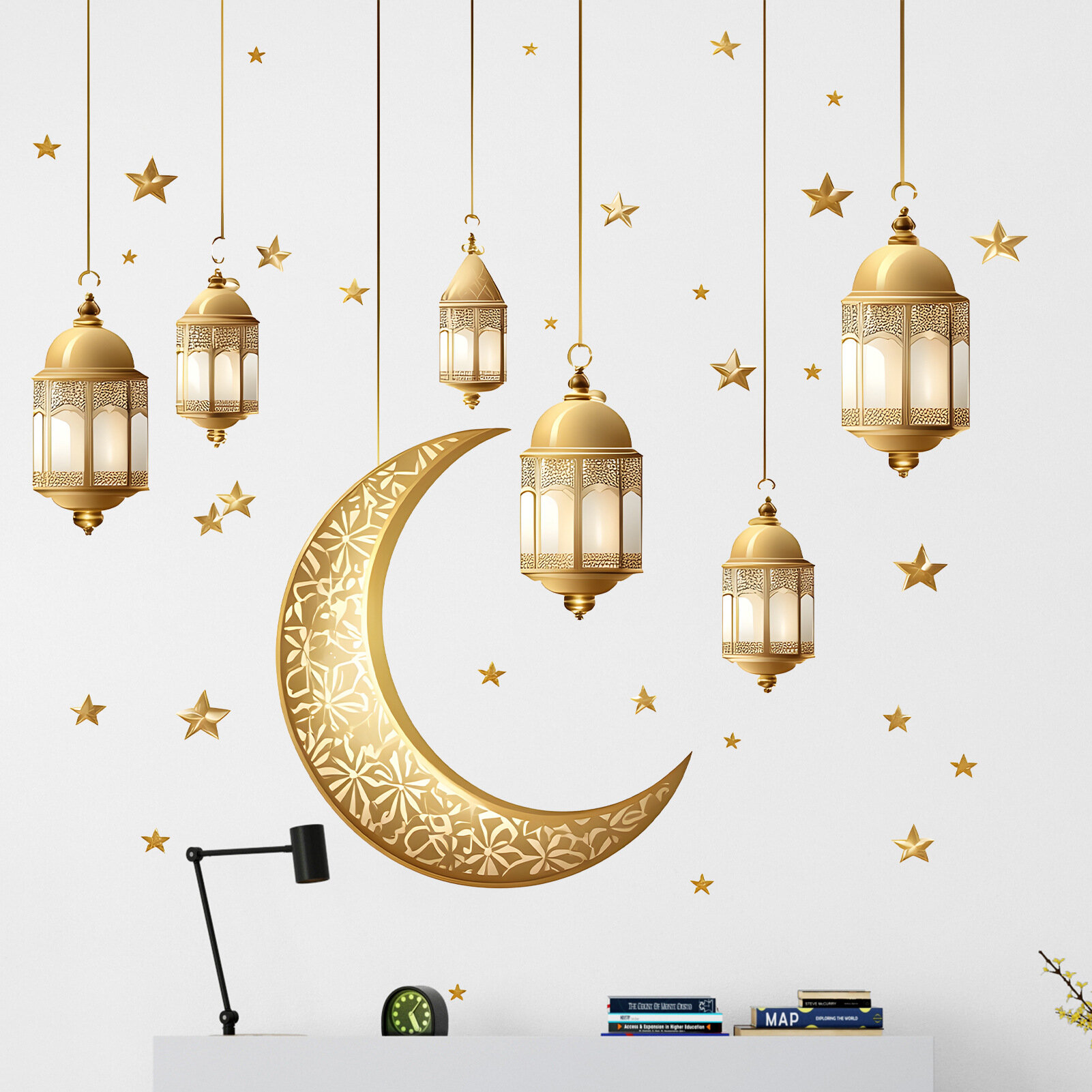 Наклейки на стену с изображением золотой луны и фонарей, подвесные обои со звездами, съемные наклейки на стену из ПВХ, самоклеящиеся виниловые наклейки для гостиной, спальни, кабинета, прихожей, праздничного домашнего декора