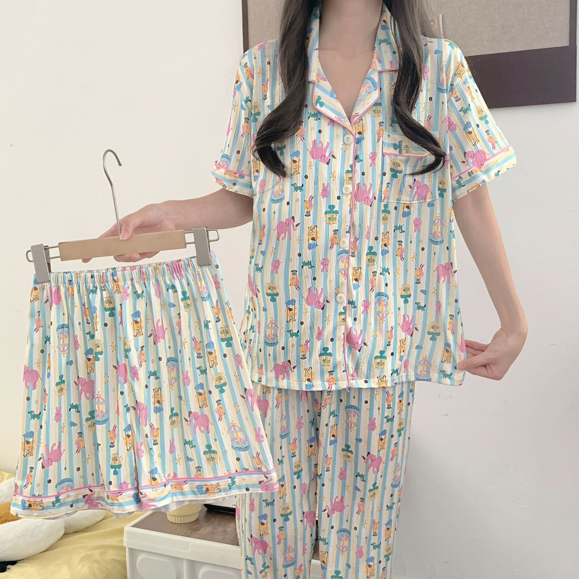 Хлопковый костюм-тройка с мятой, шорты с короткими рукавами, длинные брюки, пижама, женский домашний костюм с лацканами, размер:2XL