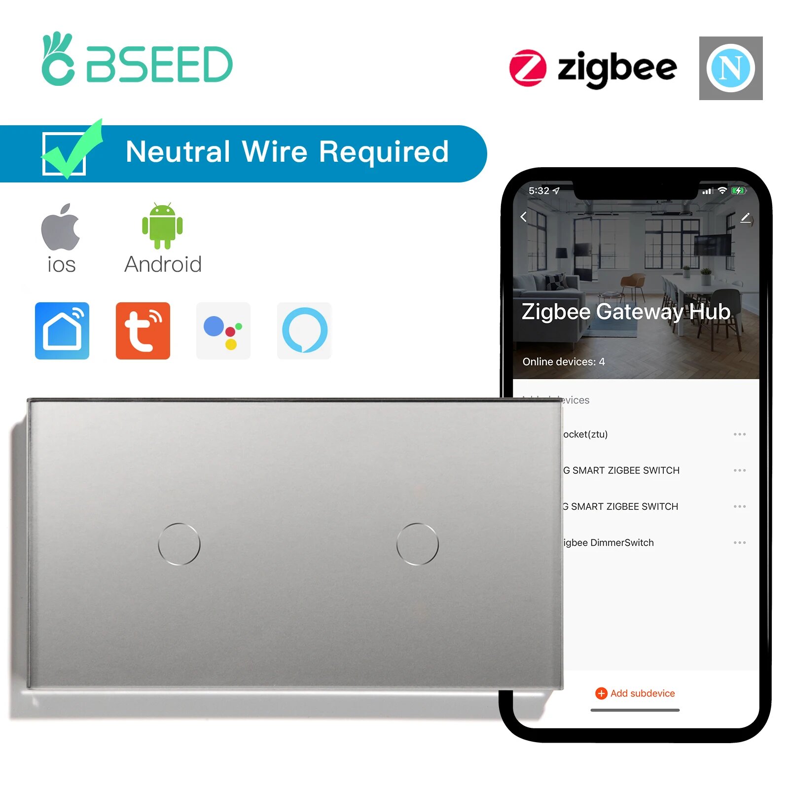 Умный выключатель Bseed Zigbee, двойной сенсорный переключатель, 2/4/6 клавиш, с голосовым управлением и нейтральным интерфейсом, Grey 2Gang, Европейский стандарт
