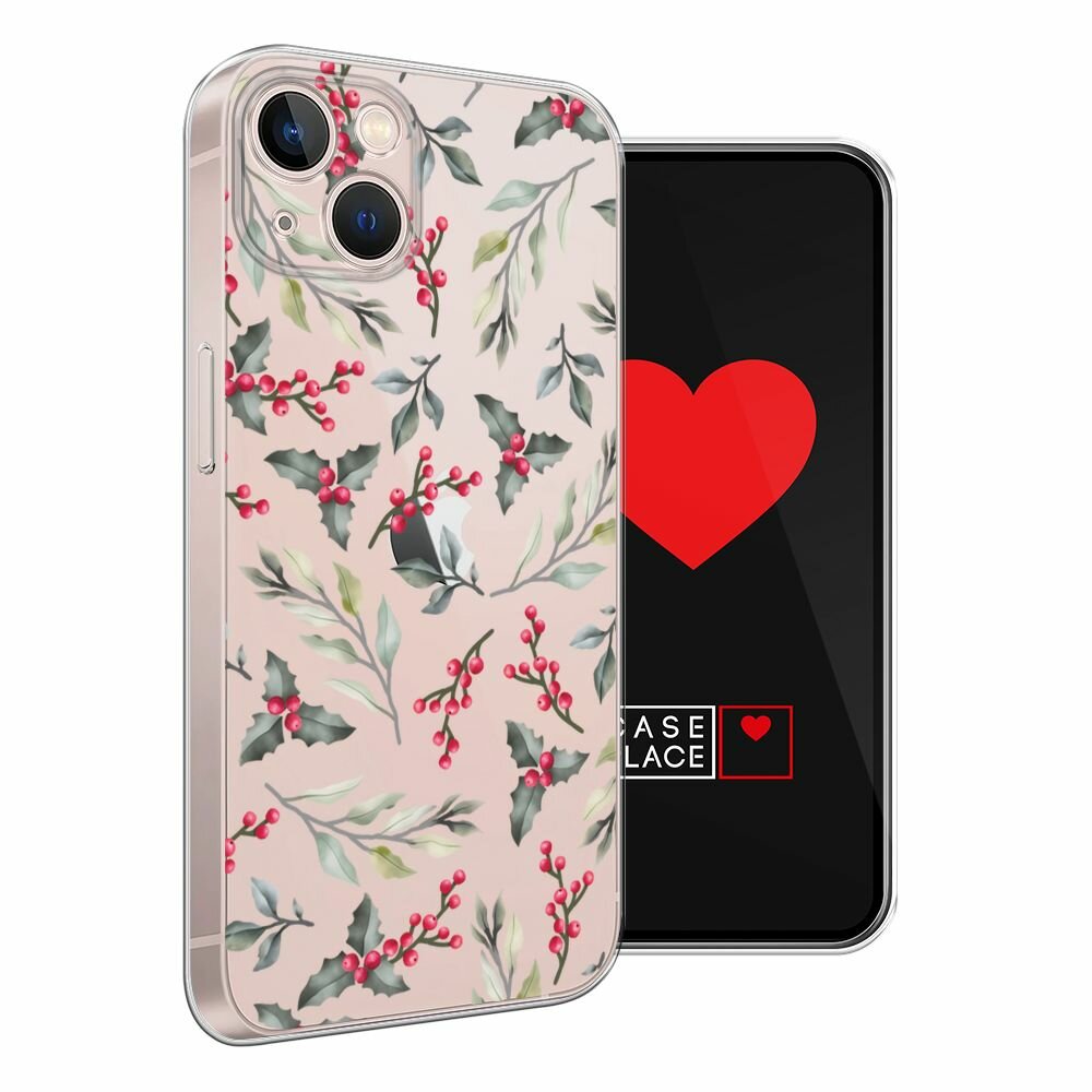 Чехол на Apple iPhone 13 / Айфон 13 с принтом Зимние ягоды паттерн, прозрачный — фото 1