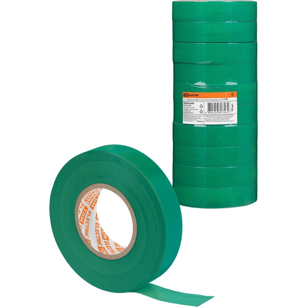 TDM ELECTRIC Изолента ПВХ 0,15x19 мм Зеленая 25 м (10шт в упак) TDM SQ0526-0084