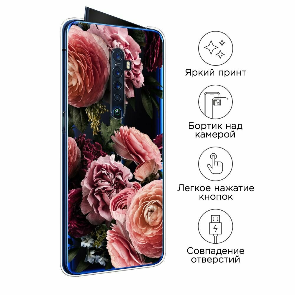 Чехол на Oppo Reno 2 / Оппо Рено 2 с принтом "Бордовые винтажные цветы", прозрачный — фото 1