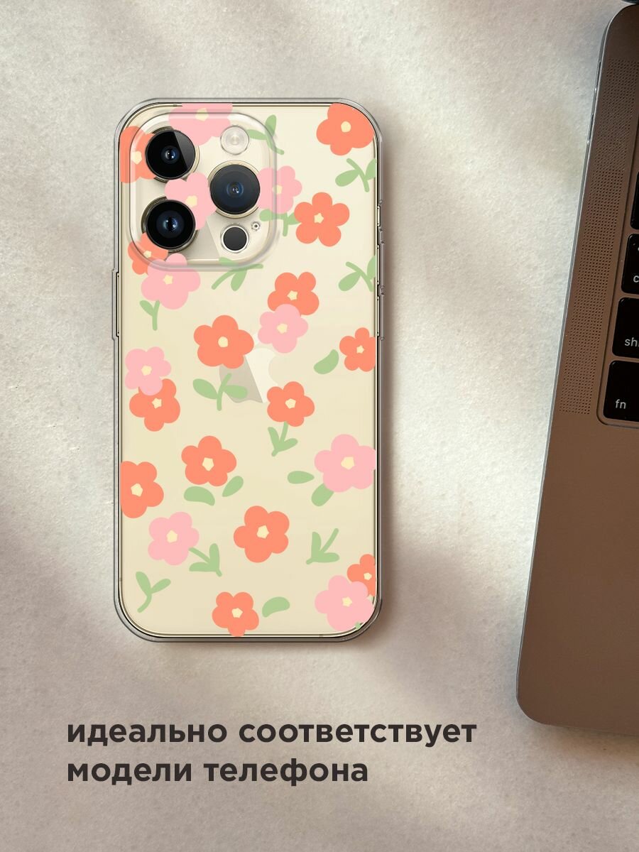 Чехол на Apple iPhone 14 Pro / Айфон 14 Про с принтом "Красные цветочки рисунок", прозрачный — фото 1