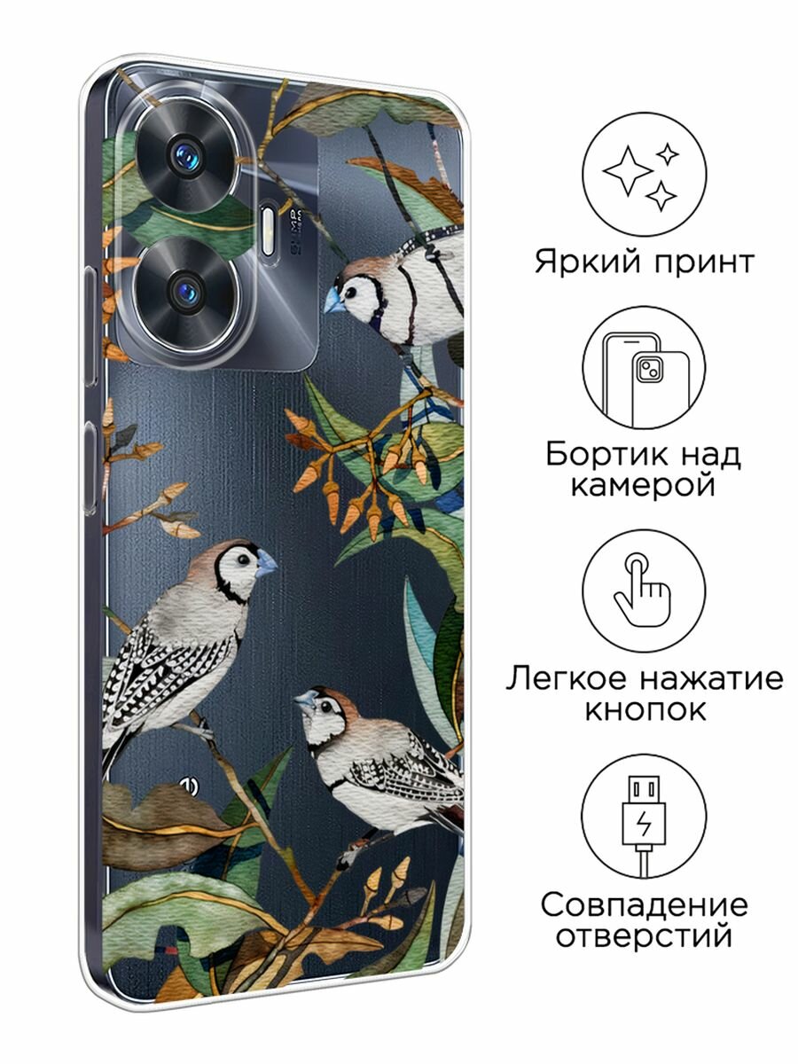 Чехол на Realme C55 / Реалми C55 с принтом "Птицы в листве", прозрачный — фото 1