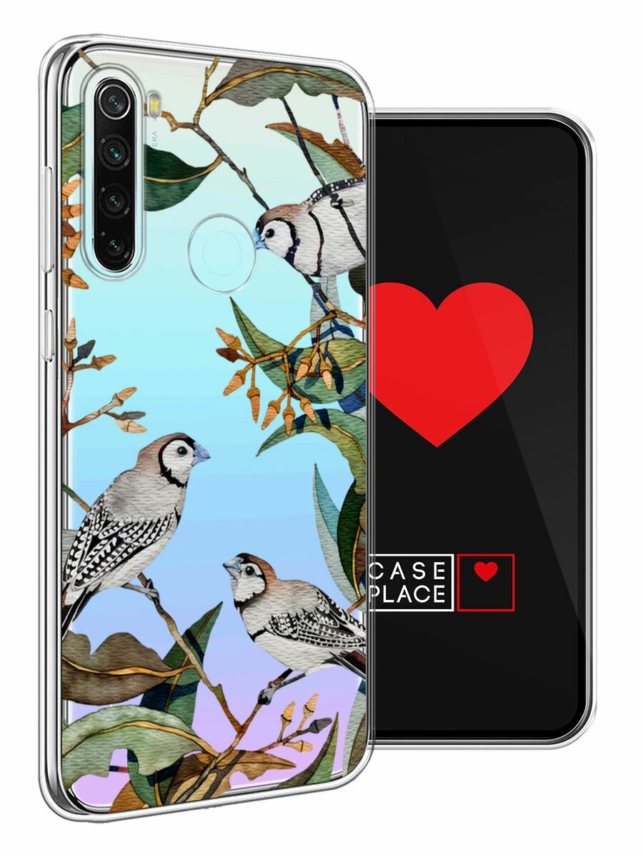 Чехол на Xiaomi Redmi Note 8 / Сяоми Редми Нот 8 с принтом "Птицы в листве", прозрачный — фото 1