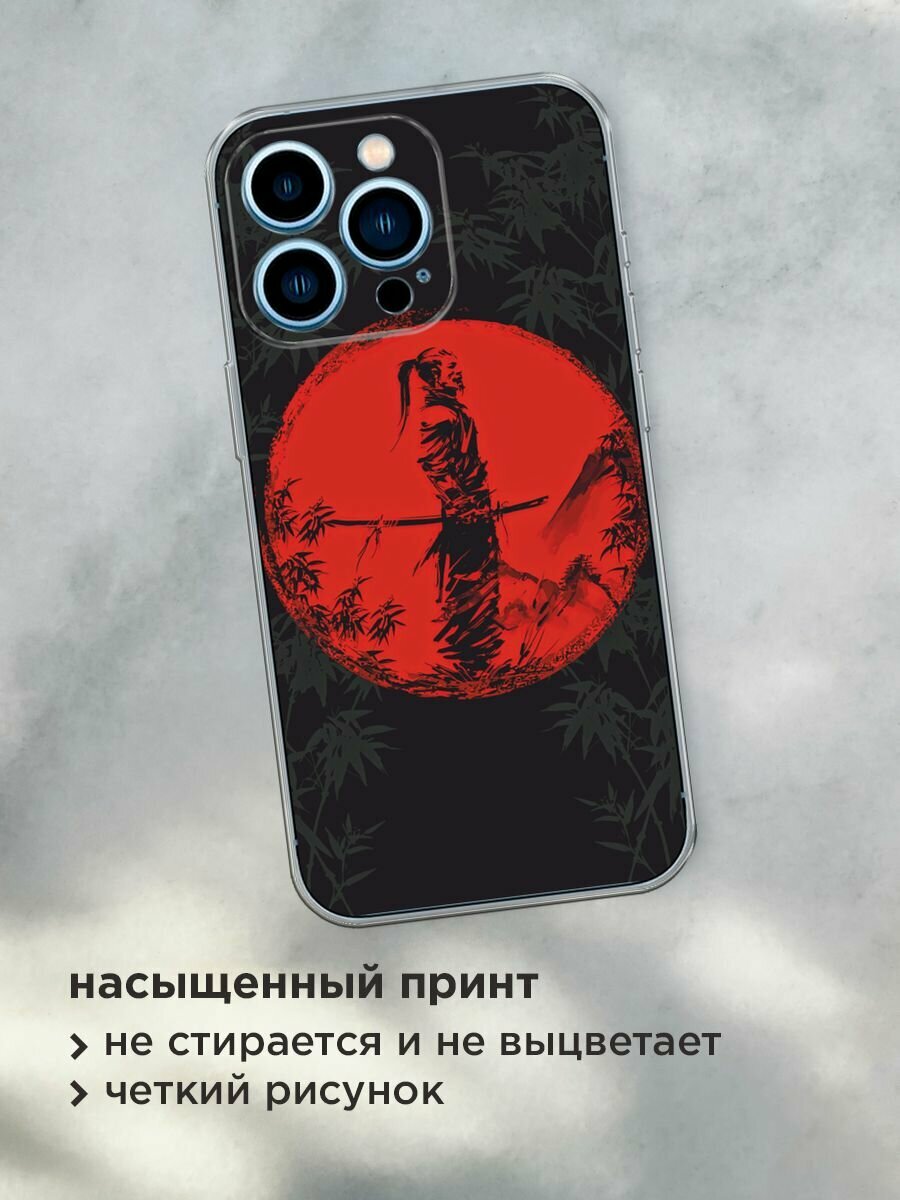 Чехол на Apple iPhone 13 Pro / Айфон 13 Про с принтом "Самурай на красном фоне" — фото 1
