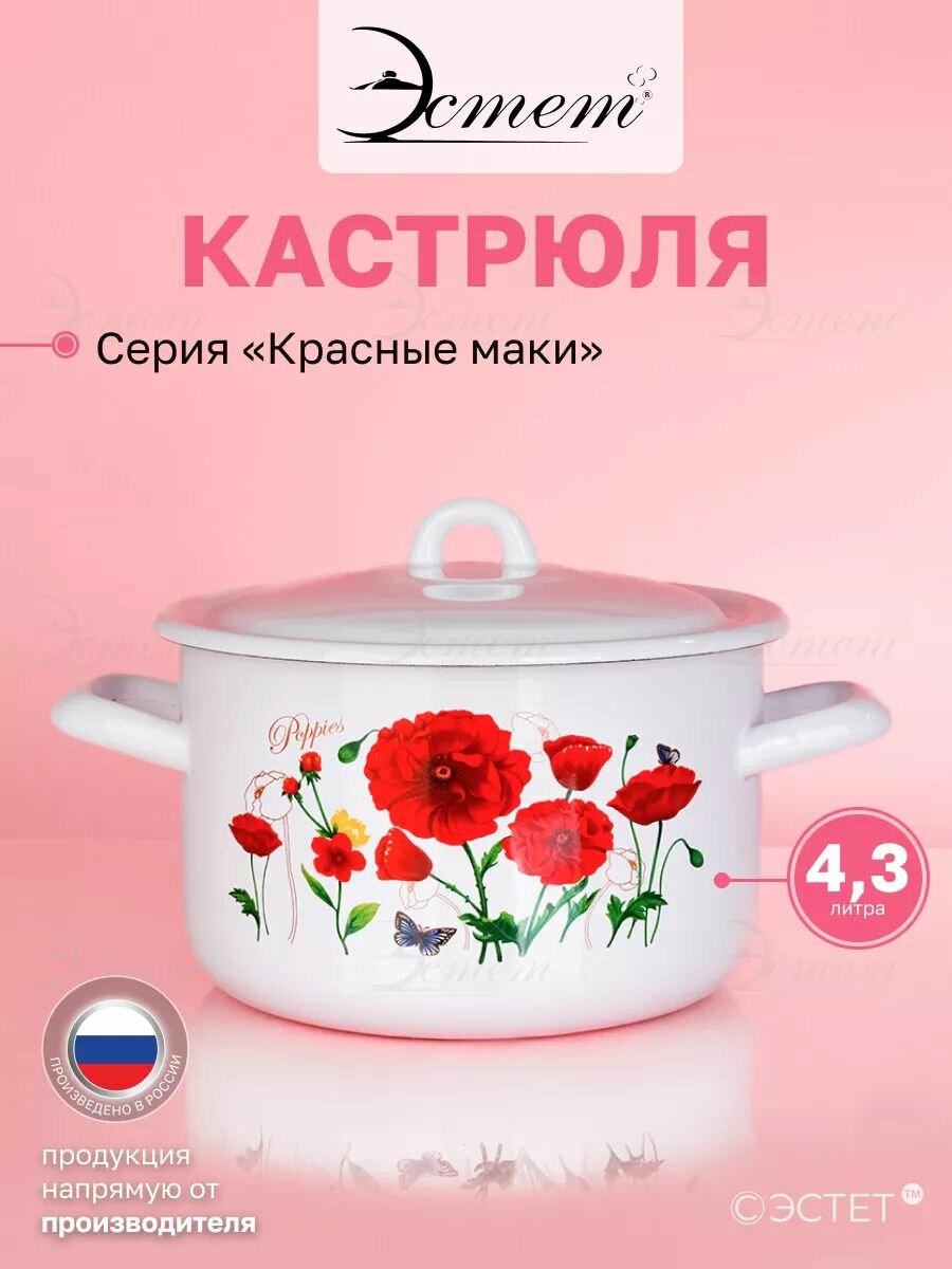 Кастрюля с крышкой эмалированная для всех плит 4.3 литра