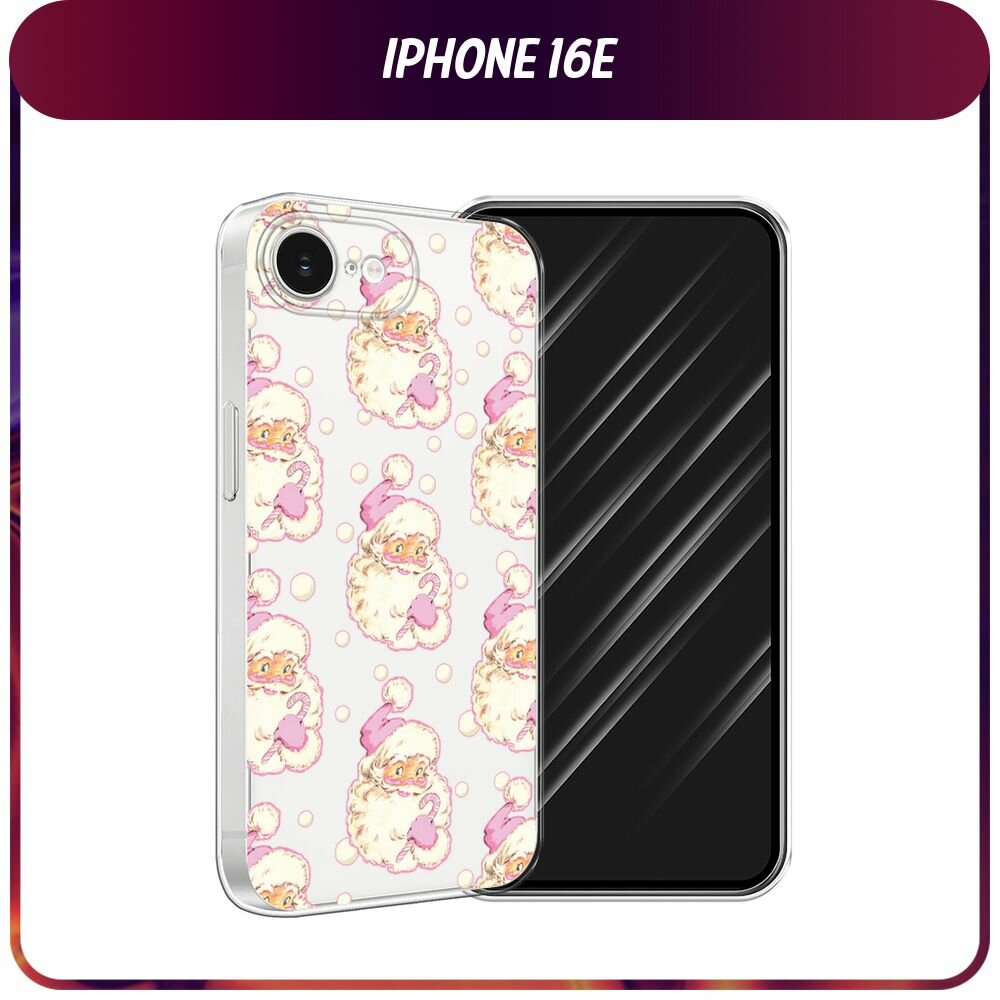 Чехол на Apple iPhone 16e/17e / Айфон 16е/17e с принтом Санты розовый паттерн 2, прозрачный