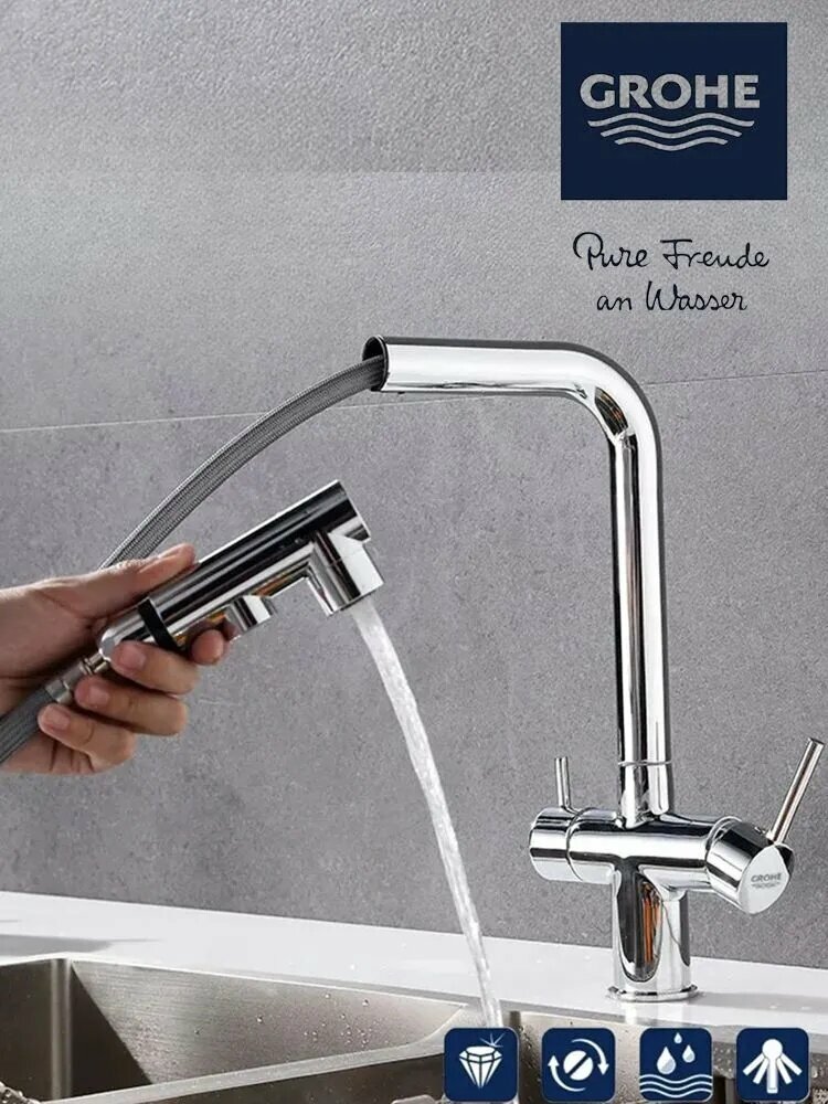 Смеситель для кухни GROHE с подключением фильтра для питьевой воды и гибким выдвижным механизмом