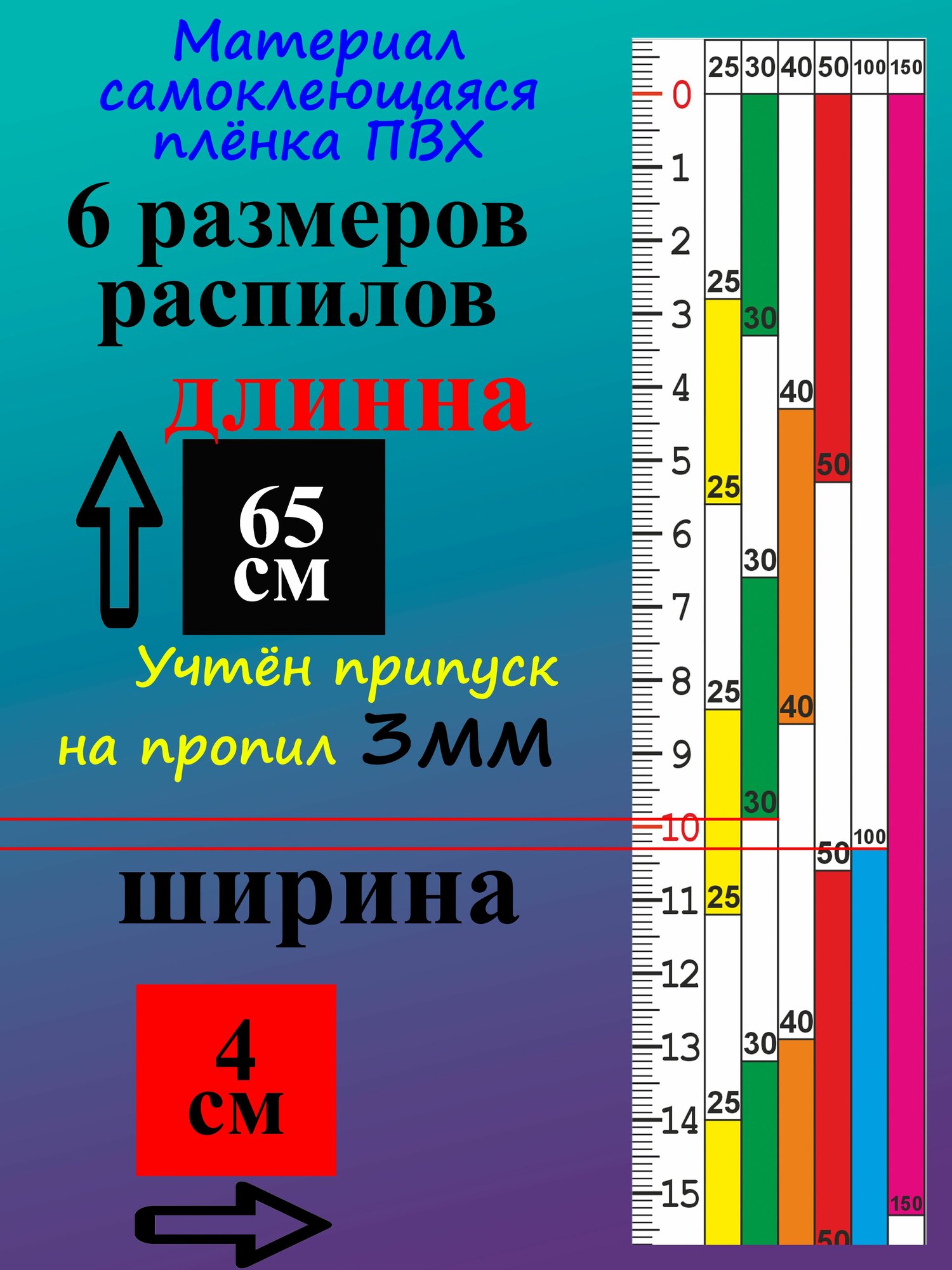 Линейка для пилорамы ПВХ 65см, пропил 3мм, 6 размеров