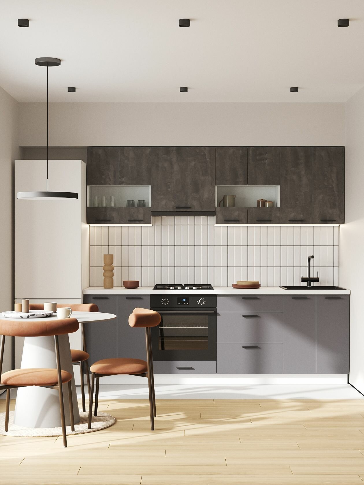 Кухонный гарнитур Урбан 2.4 м, мебель для дома и кухни, Белый / Камень темный со стеклом / Графит серый