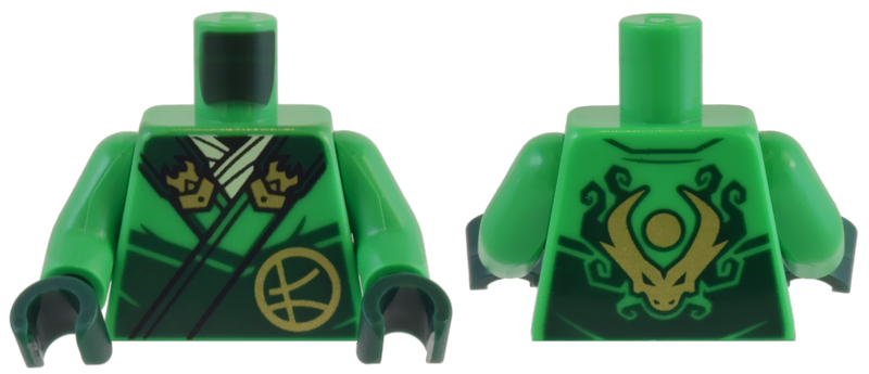Torso Robe Dark Green Straps, Gold Buckles, Ninjago Logogram Letter L and Dragon Head and Orb on Back Pattern / Bright Green Arms / Dark Green Hands, 973pb5228c01 Bright Green U