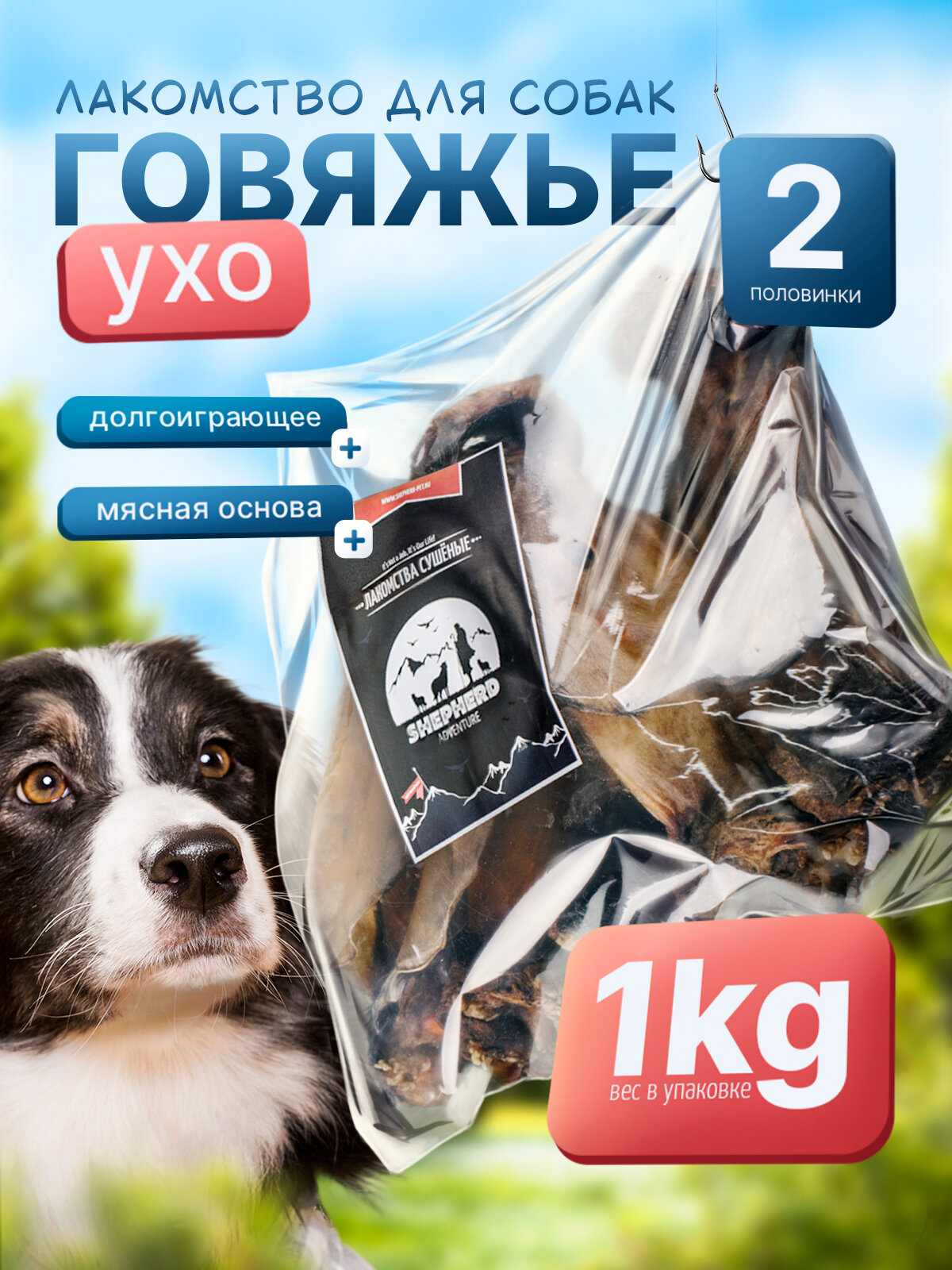 Ухо говяжье 1/2 1000г натуральное сушёное лакомство для собак SHEPHERD ТМ