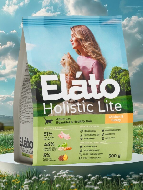 Корм для взрослых кошек Elato Holistic Lite для красивой и здоровой шерсти Курица и Индейка 300г