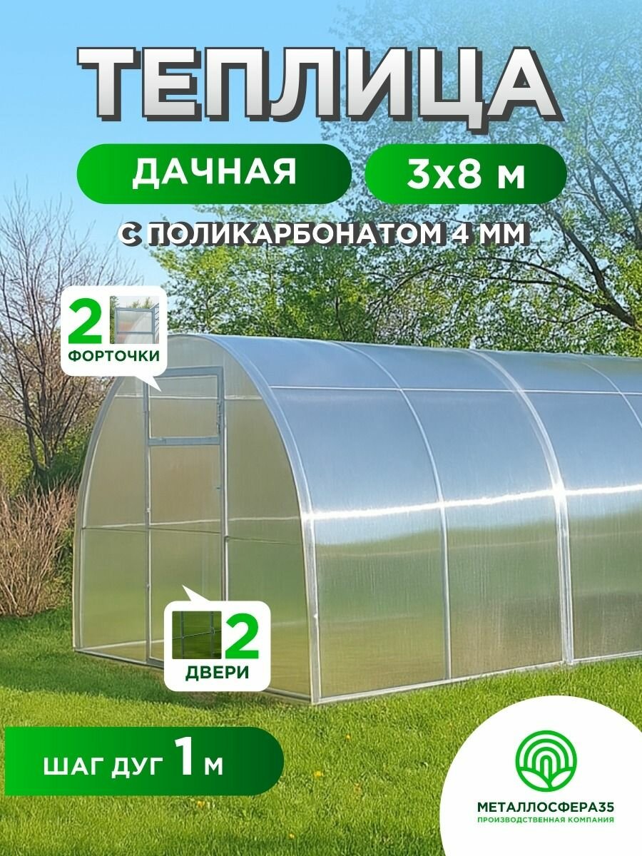 Теплица "Дачная" 3х8м/поликарбонат 4мм/шаг дуги 1м/каркас 20х20 оцинкованный.