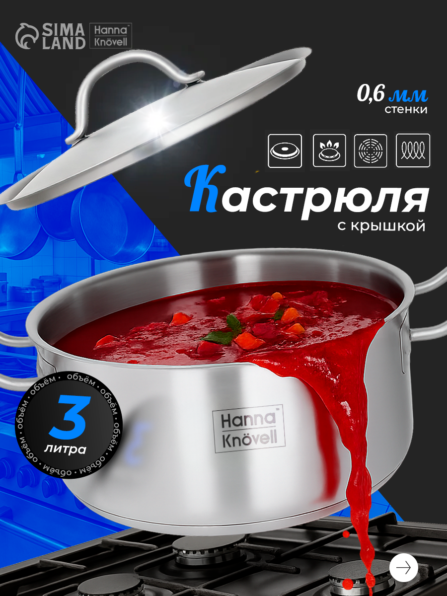 Кастрюля из нержавеющей стали Hanna Knövell с крышкой, 3 л, d=20 см, h=9,5 см, толщина стенки 0,6 мм, индукция