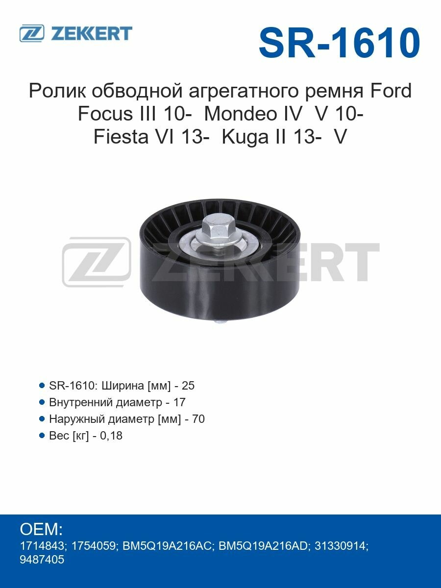 Zekkert Ролик обводной агрегатного ремня Ford Focus III 10- Mondeo IV V 10- Fiesta VI 13- Kuga II 13- V.