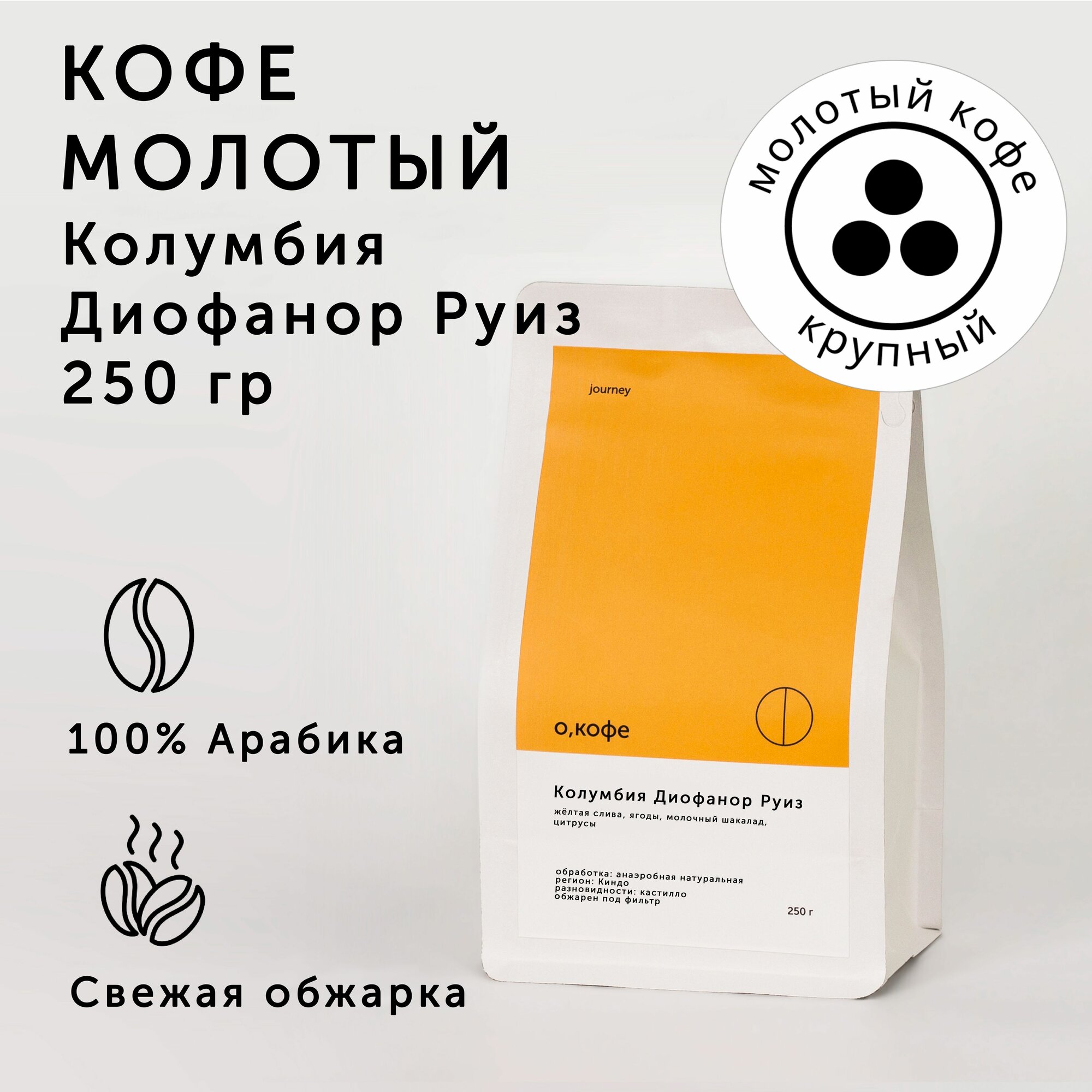 Кофе молотый О, кофе Колумбия Диофанор Руиз 250 гр, фильтр, крупный помол