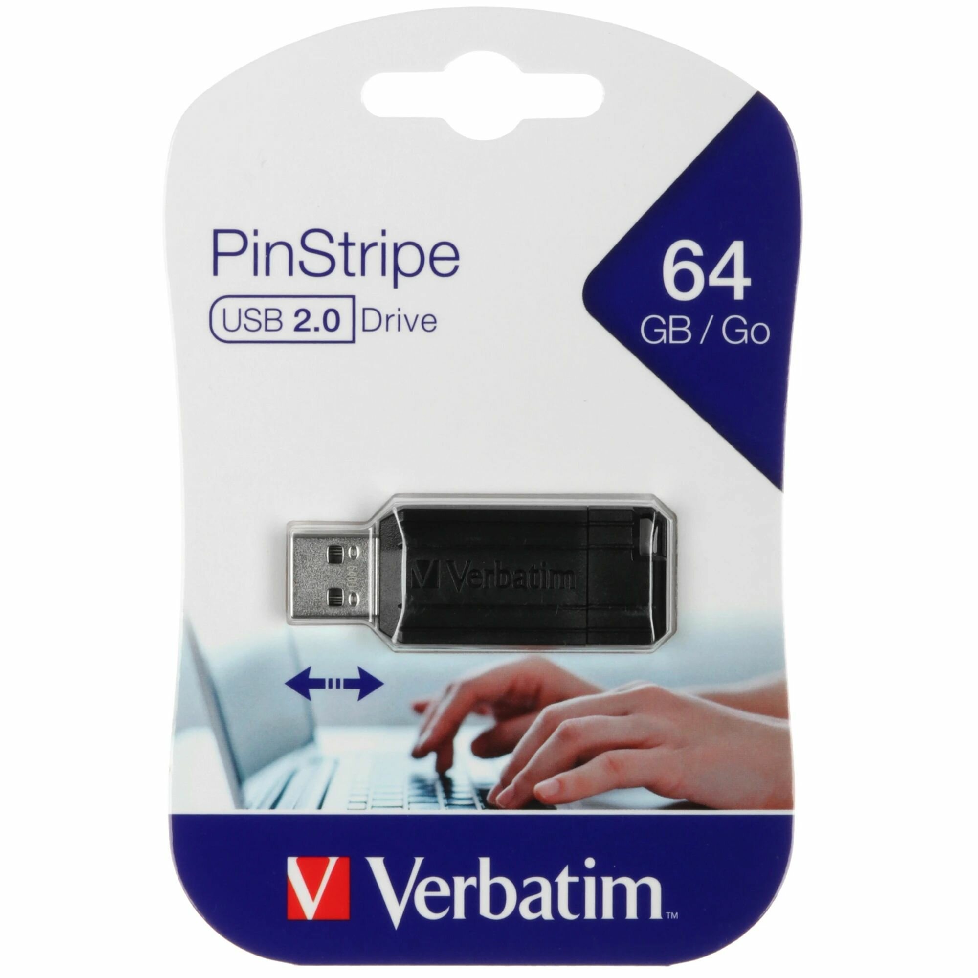 Память USB Flash 64 ГБ VERBATIM Pinstripe (49065) - USB2.0, USB Type-A, чтение до - 12 МБ/с, запись до - 5 МБ/с