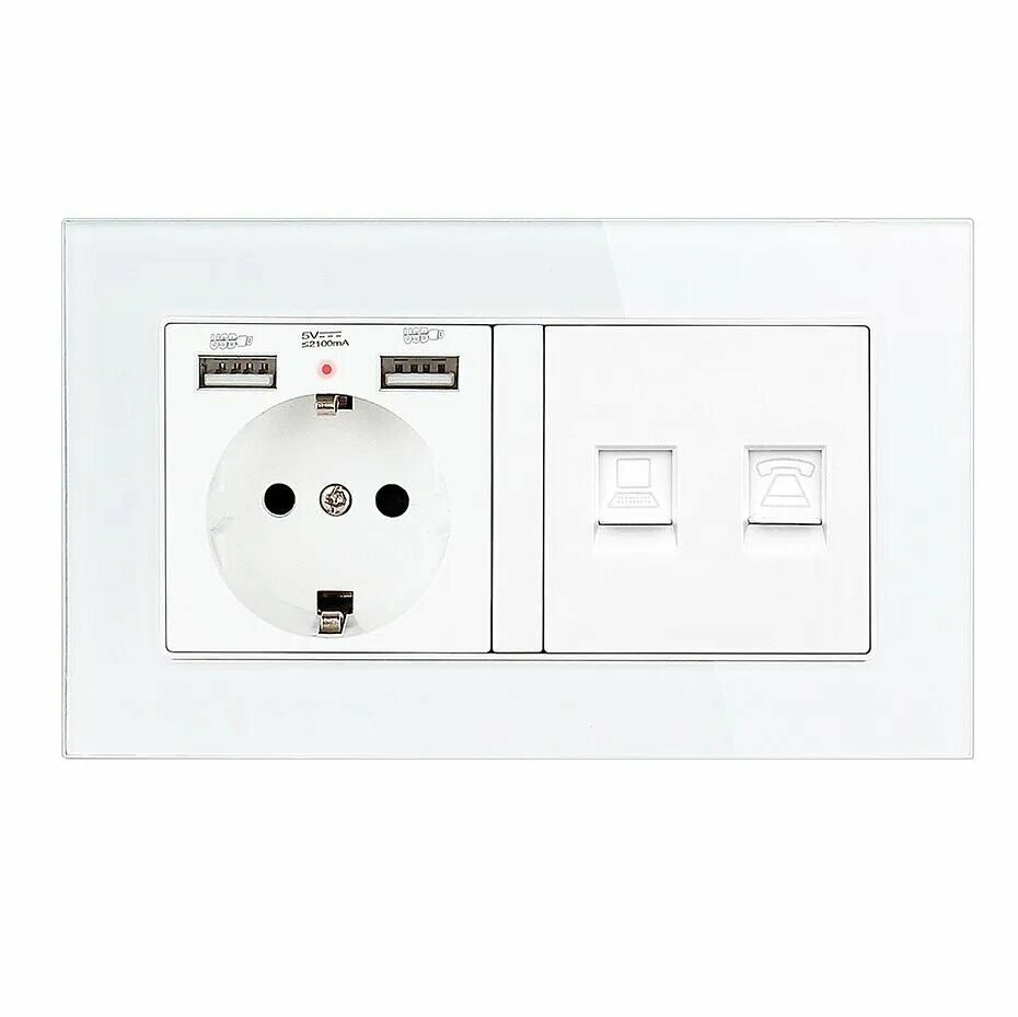 Хрустальная розетка из закаленного стекла с двойным USB + RJ12 Телефонный портом + RJ45 Интернет-разъем Розетка, Белый