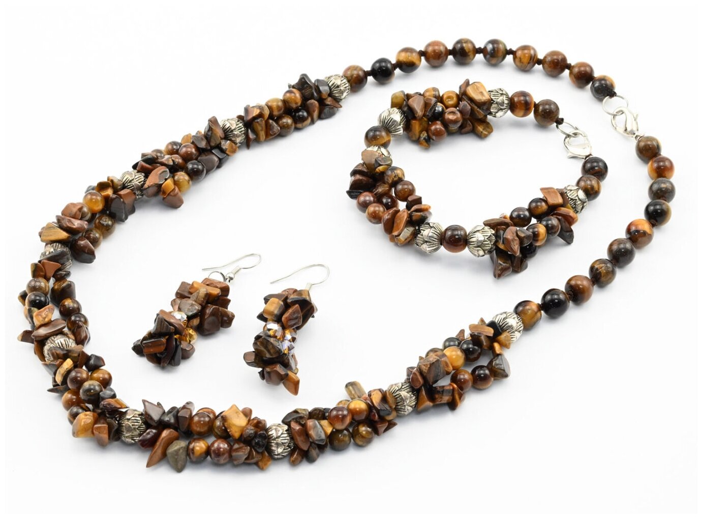 Комплект бижутерии: колье, браслет, серьги, тигровый глаз