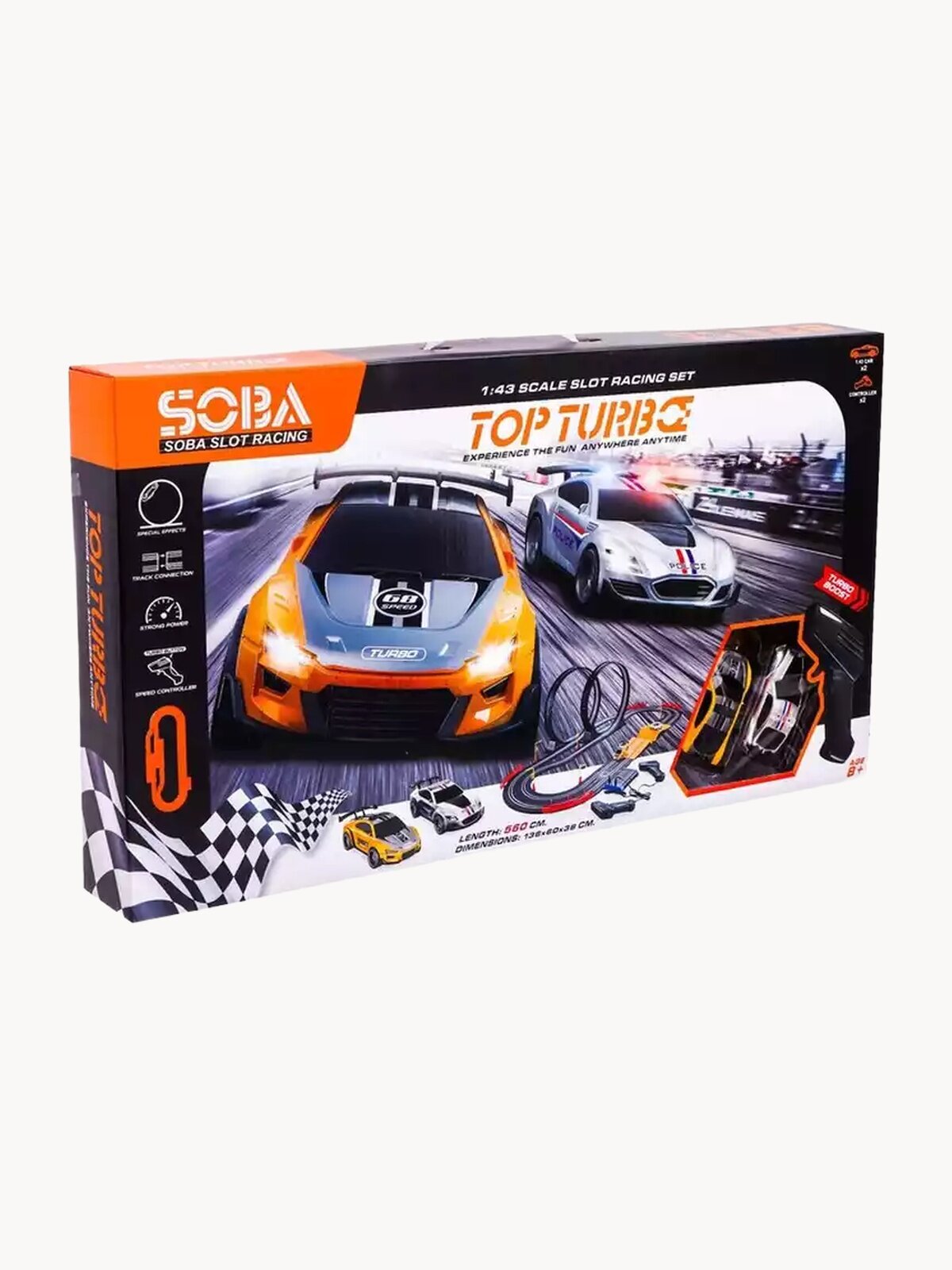 Детский гоночный автотрек с 2 машинками на пульте управления, работает от адаптера или батареек, длина трассы 560 см