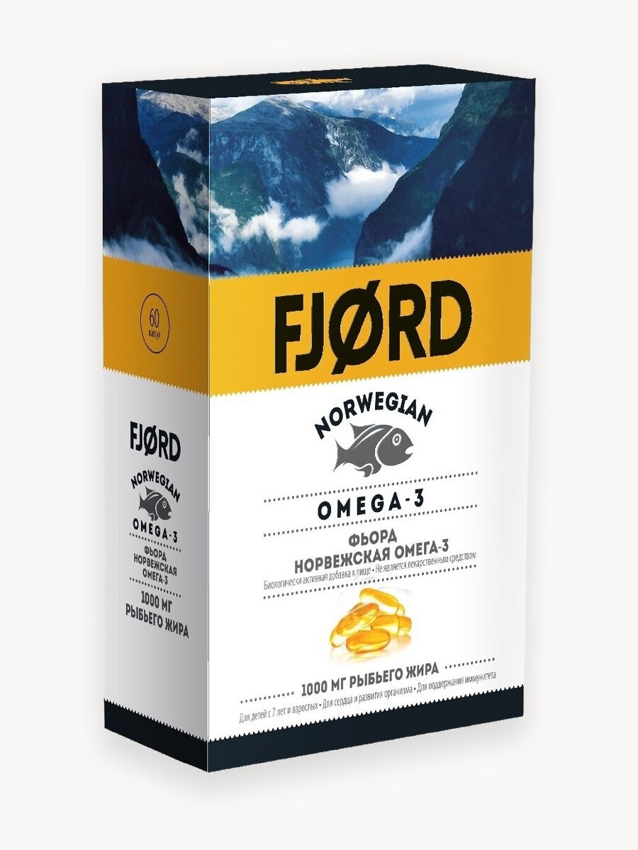 Омега-3 Норвежская FJORD, 1000 мг, 60 капсул, БАД к пище фьорд, Omega-3